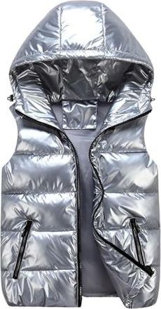 Generic Gilet &agrave; capuche brillant &agrave; capuche zipp&eacute; sans manches avec poches pour femme, Argent&eacute;., S