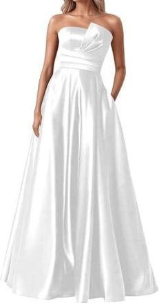 Generic Robe de bal longue sans bretelles en satin pour femme - Robe de soir&eacute;e formelle sans manches, blanc, 56 Grande taille