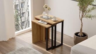 Hanah Home Stylish Nesting Table Set (2 Pieces), Walnut & Oak, 51x52.8x29.5 & 44.5x47.8x24.5 | 100% Melamine Coated, 18mm Thick | Durable Metal Legs, Modern Desi