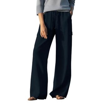 Generic Pantalon cargo en coton et lin pour femme - Pantalon d&eacute;contract&eacute; taille haute avec cordon de serrage et poches lat&eacute;rales, respirant, l&eacute;ger, coupe ampl