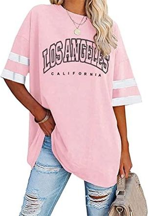 TOMWELL T-Shirt Oversize Femme à Col en V Vintage T-Shirts à Manches Courtes Lettres LA Hauts dété Grande Taille Chic Tee Shirt Rayée Lâches Tops pour Adolesc