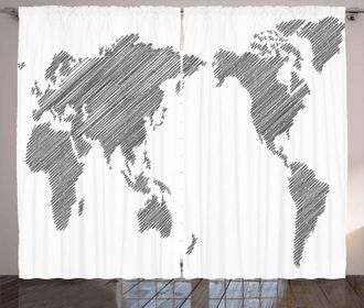 Abakuhaus Weltkarte Rustikaler Vorhang, Skizzenhafte Weltmappe, Wohnzimmer Universalband Gardinen mit Schlaufen und Haken, 280 x 225 cm, Anthrazit grau Weiß
