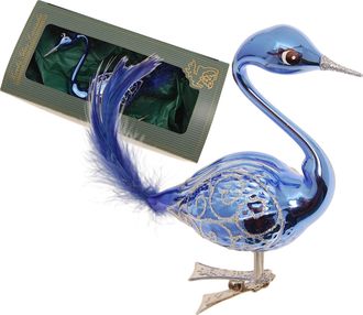 Krebs Glas Lauscha Weihnachtsbaumdekoration - Glas-Schwan - Farbe: Blau - Gr&ouml;&szlig;e: 9 cm + 5 cm Echtfeder