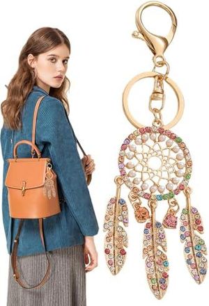 Generic Porte-Clés Plume Attrape-Rêves Sac à Dos Porte-Clés avec Strass Porte-Bonheur Ornement Mignon Plume Charme Décoration Mode, Coloré, Refer to descripti