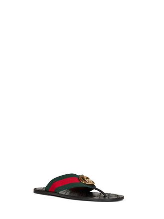 Gucci Mens Thong Sandals Riviera Leather & Web Ribbon Multicolour Fabric