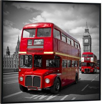 artboxONE Poster mit schwarzem Rahmen 30x30 cm St&auml;dte Rote Busse in London - Bild London Big Ben Bus