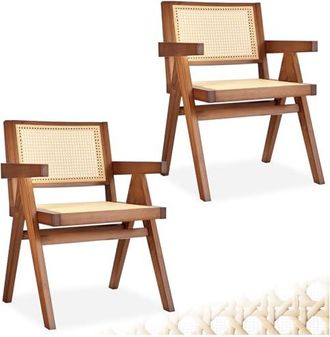 TecTake Lot de 2 Chaise de Salle &agrave; Manger Design en Ch&ecirc;ne Bois massif & Cannage Chaise de table &agrave; manger avec Accoudoirs Chaise Confortable pour coiffeuse, ch