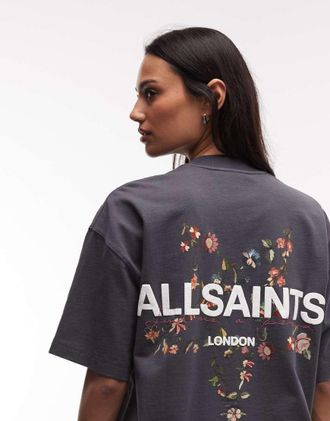 AllSaints Pentacle Etta - T-shirt &agrave; manches courtes avec logo graphique et imprim&eacute; au dos - Noir d&eacute;lav&eacute;