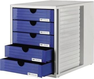Han Schubladenbox systembox 5 Schubladen din C4 Polystyrol Geh&auml;usefarbe: lichtgrau Farbe der Schublade: blau