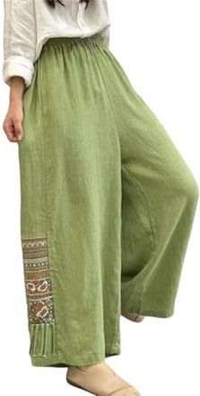 Generic Pantalon Palazzo en lin brodé bohème pour femme - Pantalon court fluide à jambe large avec taille mi-haute, pantalon dété léger et respirant pour les 