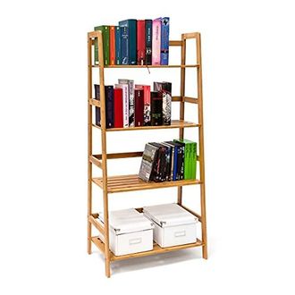 Relaxdays B&uuml;cherregal aus Bambus mit 4 Ablagen HxBxT: ca. 120 x 57 x 31 cm Regal f&uuml;r B&uuml;cher in Leiterform Standregal mit Durschubsicherung als B&uuml;cherschrank und