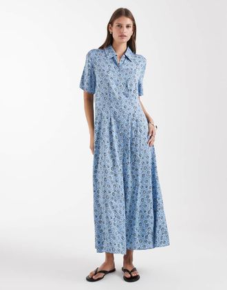 & Other Stories Robe chemise longueur mollet &agrave; imprim&eacute; fleurs - Bleu-noir