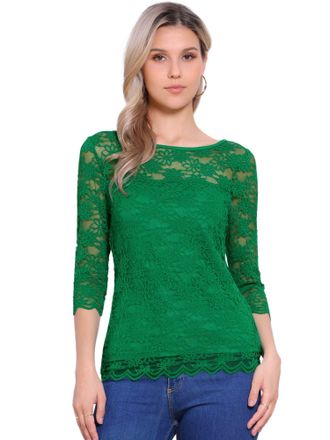 Allegra K Damen Top mit Blumen Spitzen 3/4-&Auml;rmel Rundhals L&auml;ssig Elegant Spitzenbluse Gr&uuml;n XL