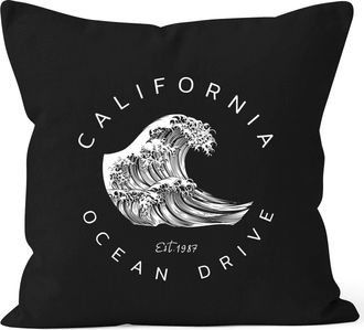 Autiga Kissenbezug Welle Wave California Ocean Drive Surf Summer Kissen-Hülle Deko-Kissen schwarz Unisize