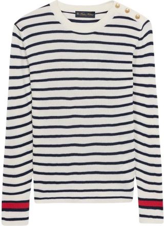Brooks Brothers Femme, Pulls, Bleu, Taille: 44 FR Pull Ras du Cou Ray&eacute; avec Boutons Dor&eacute;s Logo
