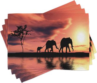 Abakuhaus Elefant Platzmatten, Safari Wild Animals, Waschbare Stoff Esszimmer Küche Tischdekorations Digitaldruck, Lachsschwarz