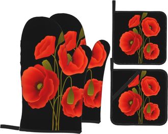 Generic 4 Stück Ofenhandschuhe Set Mohnblumen Druck Topfhandschuhe Druck Mit Innere Baumwollschicht Grillhandschuhe, Für Küche, BBQ, Cafe