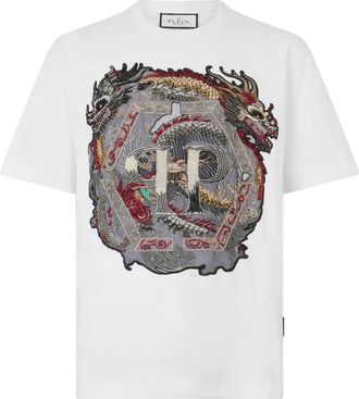 Philipp Plein Homme, Tops, Blanc, Taille: 3XL T-Shirt Col Rond Dragon