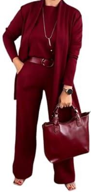 Generic Ensemble 3 pi&egrave;ces &eacute;l&eacute;gant : Cardigan Long, Haut et Pantalon, Tenue de Voyage 3 pi&egrave;ces pour Femme (Red,TTG)