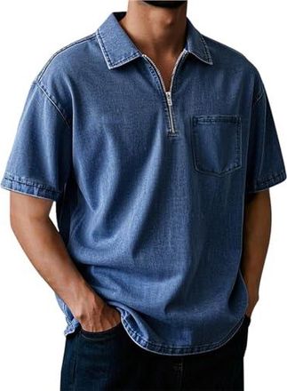 Generic Polo &agrave; manches courtes avec poche &agrave; fermeture &eacute;clair 1/4 pour homme - Haut de golf vintage - D&eacute;contract&eacute; - R&eacute;tro - Chemisier d&eacute;t&eacute;, Polo bleu fonc&eacute; pou