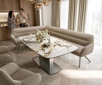 DELIFE Esszimmerbank Taya-Flex 285x190 cm Boucl&eacute; Schlamm Kreuzgestell kantig Effektfinish Titan Taschenfederkern Rechts, B&auml;nke