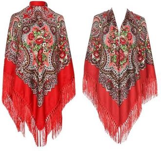 Generic Poncho Femme Hiver Chaud Chale Femme Hiver Chaud Cape Femme Effet enveloppant Grand Carr&eacute; 160X160 Cm Imprim&eacute; Pompons Style Ethnique Printemps-Automne