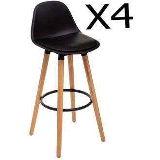 PEGANE Pegane - Lot de 4 tabourets de bar en polypropyl&egrave;ne et h&ecirc;tre coloris noir - L.42,5 x l.39,5 x H.92 cm