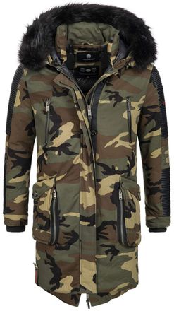 Marikoo Herren Winter Jacke Winterjacke Parka warm lang Kunstfell Biker B644 [B644-Warrior-Camo-Gr.S]