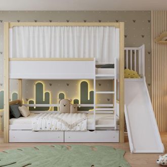 Liberte Libert&eacute; - Lit superpos&eacute; enfant 90x200 cm en pin et MDF blanc/naturel - 2 tiroirs &agrave; roulettes - Toboggan et rideau tissu inclus