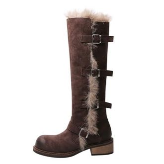 Generic Bottes Hautes Femme dHive Talon Bas Bout Rond Doublure En Peluche Chaude Boucle Bottes Semelle Antid&eacute;rapante Vintage Tendance Chaussures D&eacute;contract&eacute;es