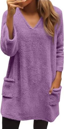Generic Cihdmfb Pull en polaire pour femme - Col en V - Long - Polaire moelleuse - Pull surdimensionné à manches longues - Sans capuche - Hiver - Confortable 