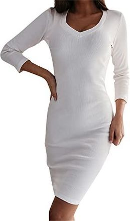 Generic Robe amincissante d&eacute;contract&eacute;e &agrave; manches longues et col en V c&ocirc;tel&eacute;e pour femmes, coupe ajust&eacute;e, couleur unie, mini robe de f&ecirc;te 2026, blanc, L