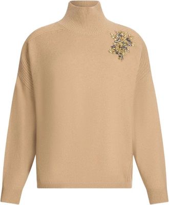 Liu Jo Femme, Pulls, Beige, Taille: 40 FR Pull 100% Laine avec Broderies Bijoux