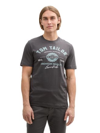 Tom Tailor Herren T-Shirt mit Logo-Print aus Baumwolle, Tarmac Grey, XXXL