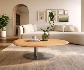 DELIFE Couchtisch Edge Oval 140x75 cm Eiche Natur Runde Kante Vibany Edelstahl geb&uuml;rstet, Couchtische