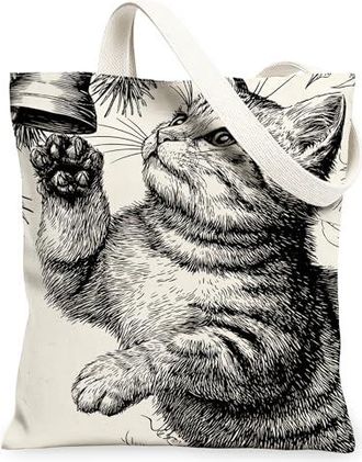 Generic Sacs fourre-tout en toile motif chat artistique, sacs d&eacute;picerie r&eacute;utilisables, l&eacute;gers et lavables avec bandouli&egrave;re en toile pour, beige, 13x15 Inch