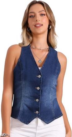 Allegra K Gilet en Jean pour Femme Blouson sans Manches en Denim à Col en V Veste Boutonné Décontractée Vintage Bleu Foncé XL