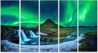 Islandburner Bild auf Leinwand Nordlicht Aurora Borealis Kirkjufell Island Berge Winter Natur Leinwandbild Wandbild Prime Bilder für Wohnzimmer etc