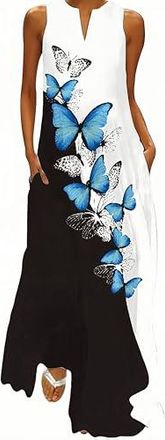 Ocean Plus Femmes Jupe Longue sans Manches Col V Robe Florale Imprimée Maxi Robe sans Manches avec Col en V (5XL, Blaue Schmetterlinge)