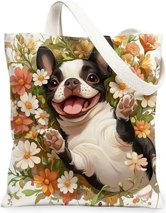 Generic Sac fourre-tout en toile motif terrier de Boston pour faire du shopping, 33 x 38,1 cm, sac &agrave; bandouli&egrave;re r&eacute;utilisable pour femme, peinture danimaux do