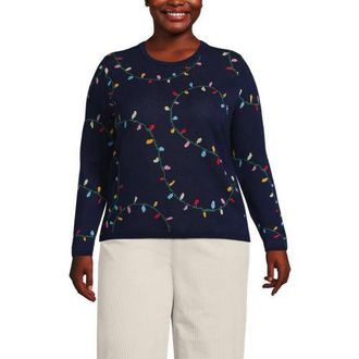 Lands End Feinstrick-Weihnachtspullover Lichterkette, Damen, Gr&ouml;&szlig;e:56-58 plus, Blau, Baumwolle, by Lands End