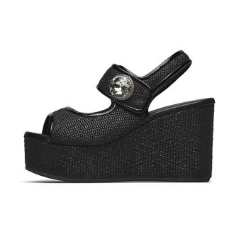 Loriblu Riemensandalen mit Keilabsatz aus Raffiabast und Nappaleder - - Shoes - Damen - Schwarzk - 40 EU
