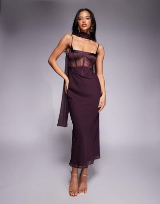 Asos Robe nuisette mi-longue en satin et dentelle &agrave; fines bretelles et foulard - M&ucirc;re-Rouge