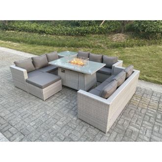 Fimous Polyrattan Gartenm&ouml;bel Set im Freien Gas Feuertisch Sofa Sets mit Beistelltisch Gro&szlig;er Hocker Helles Grau - Fimous