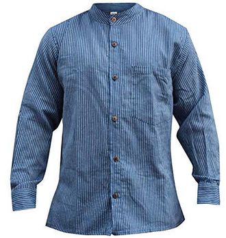 Shopoholic Fashion Chemise Grand-p&egrave;re &agrave; Rayures pour Hommes, v&ecirc;tements Hippies en Coton tiss&eacute; &agrave; la Main &agrave; Manches Longues et col Bande, Bleu Marine, 4XL