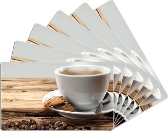 Wallario 6er Set Fr&uuml;hst&uuml;cksbrettchen aus Glas, Glasunterlage, Glasbrettchen Hei&szlig;e Tasse Kaffee mit Kaffeebohnen, Gr&ouml;&szlig;e 14 x 23 cm, Sicherheitsglas