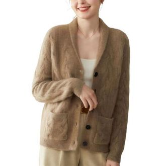 Generic Cardigan ouvert en cachemire pour femme - Tricot torsad&eacute; - &Eacute;pais et chaud - Col en V - Manches longues, Velours violet camel, XS