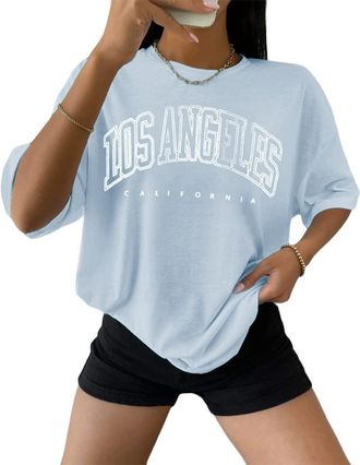 TOMWELL Damen Tshirt Kurzarm Sommer Oberteile Oversized T-Shirt mit Buchstaben Druck Lose Rundhals Sport Shirt Teenager M&auml;dchen Top Tunika Langp Tunika C Blau