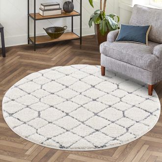 Carpet City Teppich Hochflor Wohnzimmer - 200x200 cm Rund - Scandi-Stil Raute-Optik Creme Grau - Cut-Loop, Hochtief, 3D-Effekt - Shaggy Teppiche Flauschig-Weich S