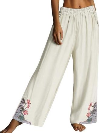 Generic Pantalon Palazzo l&eacute;ger &agrave; jambes larges pour femme - Taille &eacute;lastique - Coupe ample avec ourlet floral - Confortable - Pour l&eacute;t&eacute;, la plage, les vacance